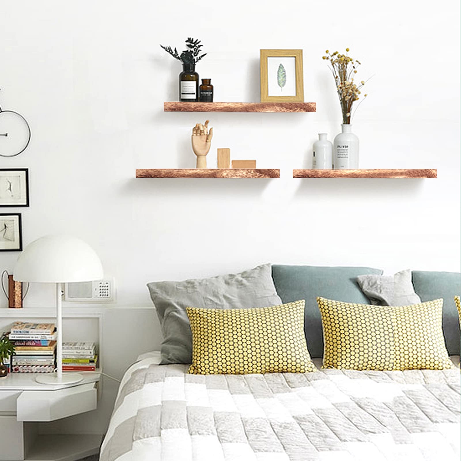 Floating Shelves, Solid Wood Shelf Set of 3,Floating Shelves for Wall Rustic Farmhouse Wooden Shelves, Bathroom Wall Shelf with Invisible Brackets for Storage, Bedroom,Office Decor(Light Brown)