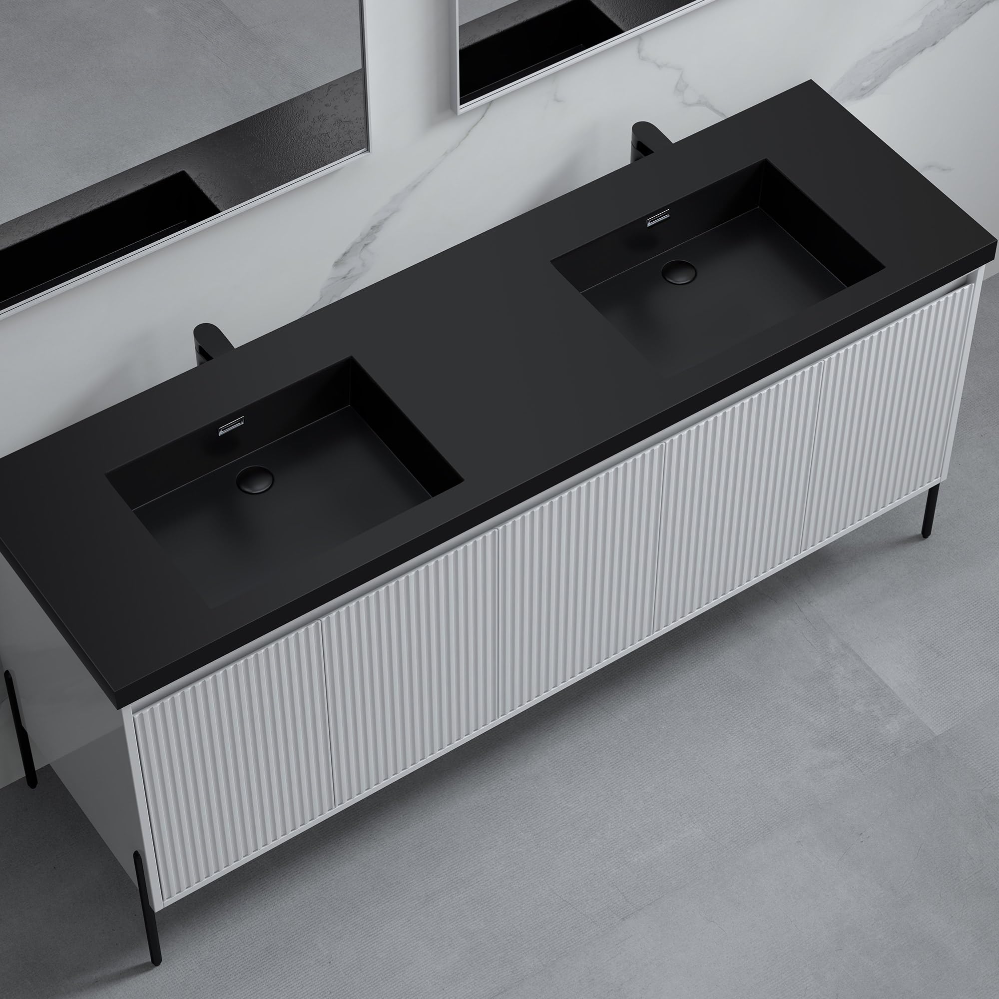 Dowell 72“ Fluted Design Vanity Set – Modern Bathroom Cabinet with Soft-Close Door & Shelf.Glossy White- 002 72 21V/7322BPBL