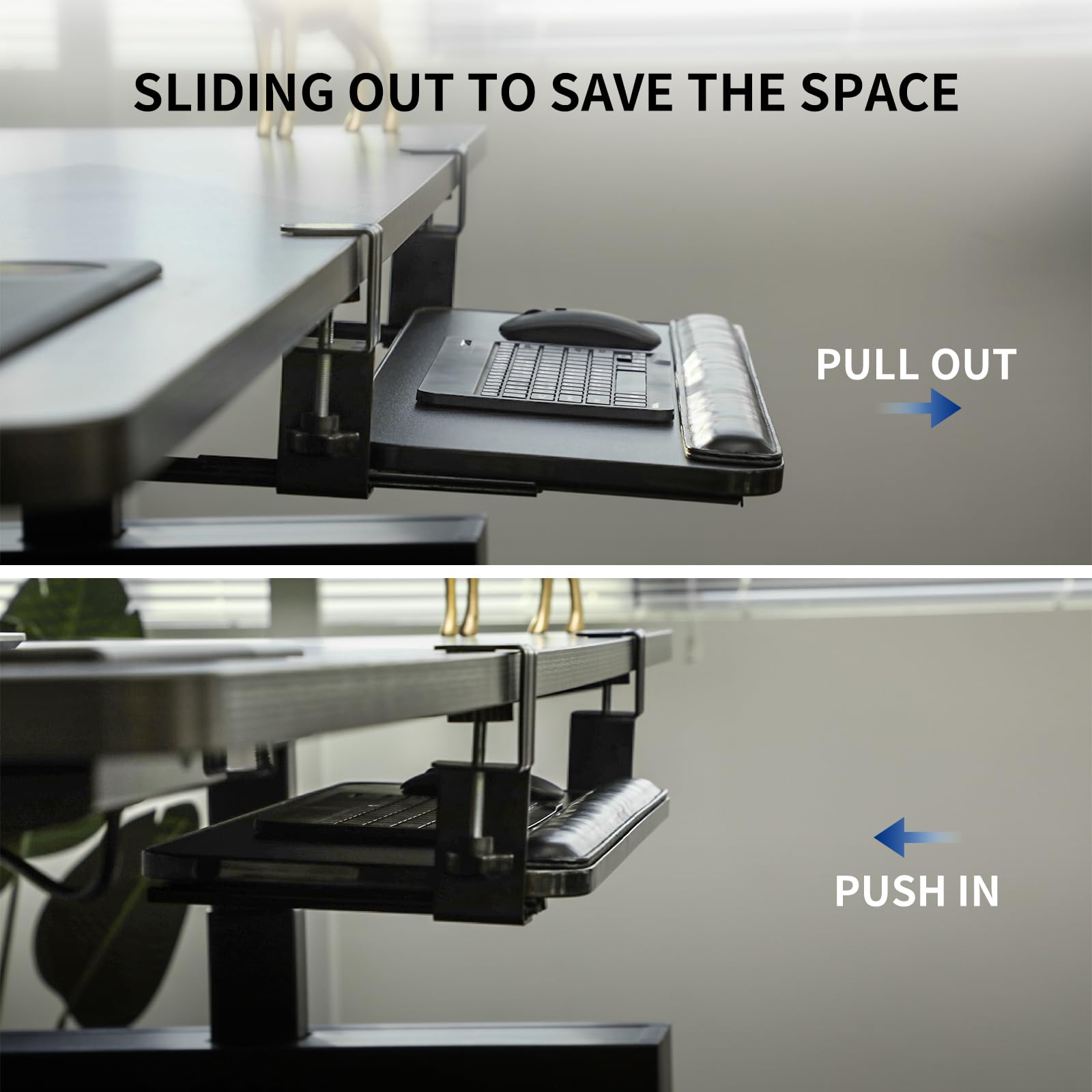 ADOFFUR Keyboard Tray Under Desk,Pull Out Keyboard & Mouse Tray with Heavy-Duty C Clamp Mount and Mat, Slide Out Platform Drawer for Home Office Computer Workstations