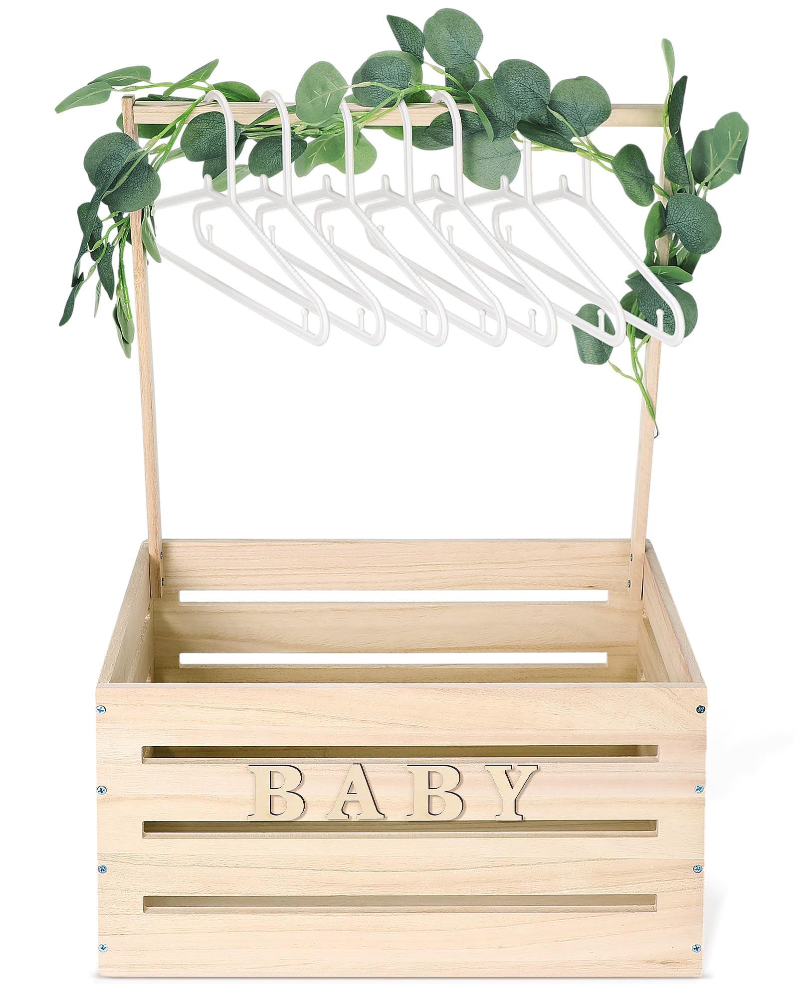 Barydat Large Wooden Baby Shower Crate Closet with Handle and Garland, 17.7inch Baby Shower Basket for Newborn Girl Boys Gifts Pregnancy New Parent(Wood Color)