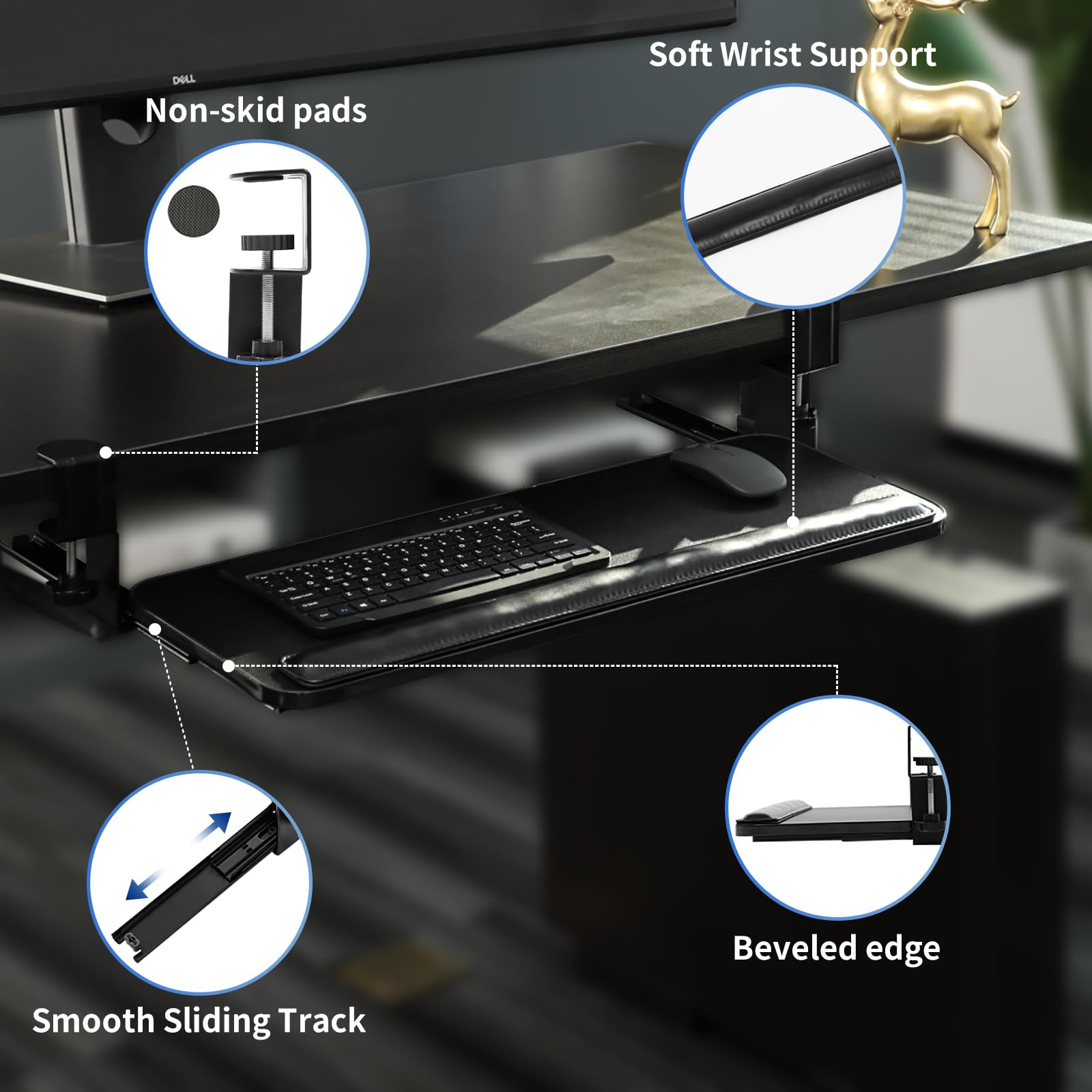 ADOFFUR Keyboard Tray Under Desk,Pull Out Keyboard & Mouse Tray with Heavy-Duty C Clamp Mount and Mat, Slide Out Platform Drawer for Home Office Computer Workstations