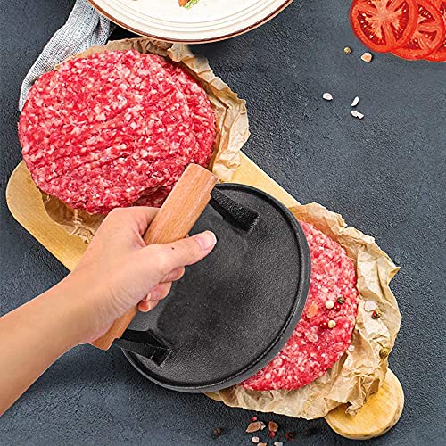 Burger Press Round 7 Inches Heavy Cast Iron Bacon Press with Solid Wood Handle for Kitchen & Commercial Gradee - Pre Seasoned Sandwich & Grill Press - Quesadillas, Hamburgers & Steaks