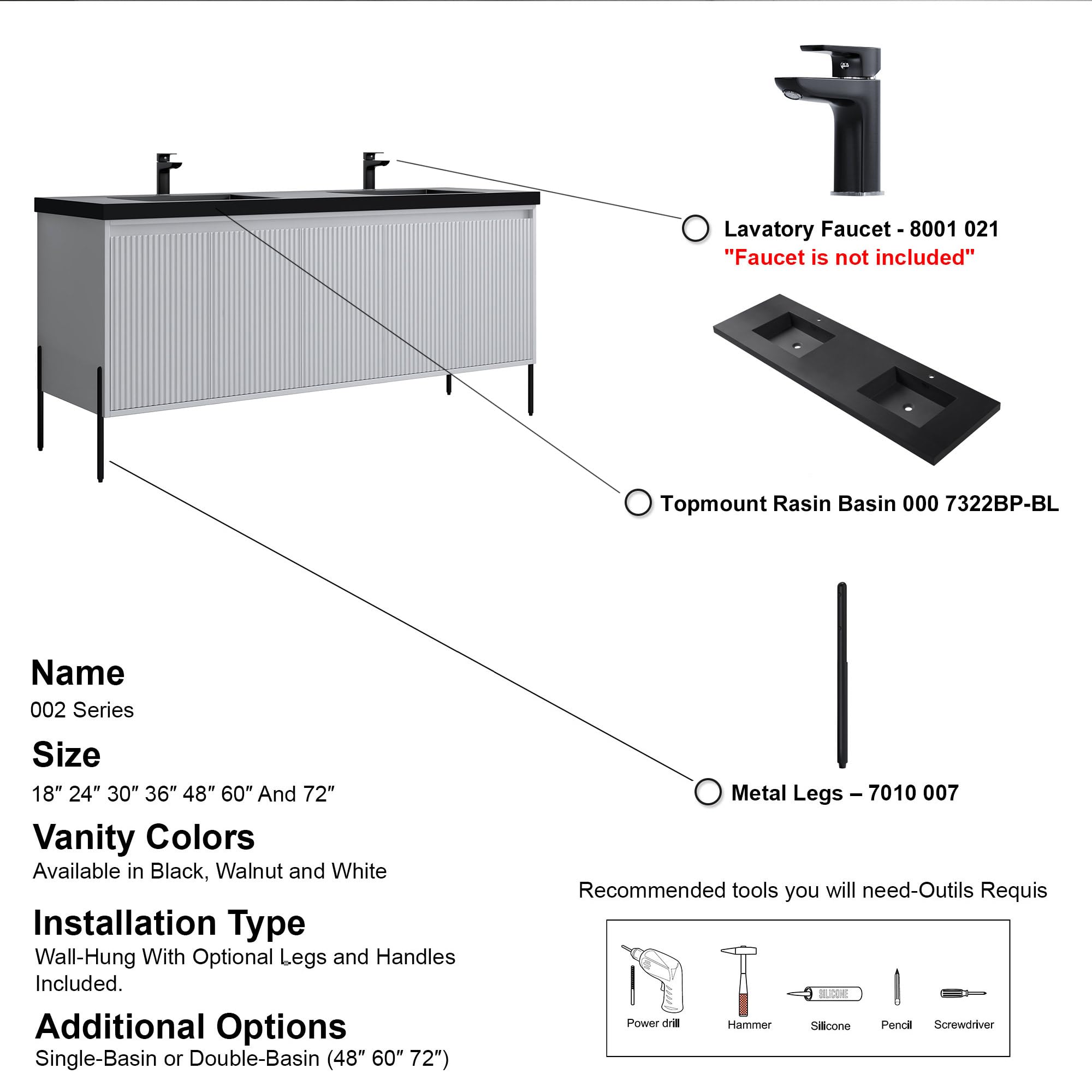 Dowell 72“ Fluted Design Vanity Set – Modern Bathroom Cabinet with Soft-Close Door & Shelf.Glossy White- 002 72 21V/7322BPBL