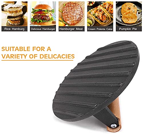 Burger Press Round 7 Inches Heavy Cast Iron Bacon Press with Solid Wood Handle for Kitchen & Commercial Gradee - Pre Seasoned Sandwich & Grill Press - Quesadillas, Hamburgers & Steaks