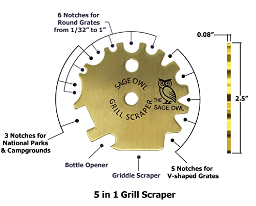 The Sage Owl Grill Scraper Cleaning Tool with Long Handle - for Hot Grates. Brass 5 in 1 Grill Cleaner with a 17" Long Handle, Works with Most Any Design, Brand and Style of Grill