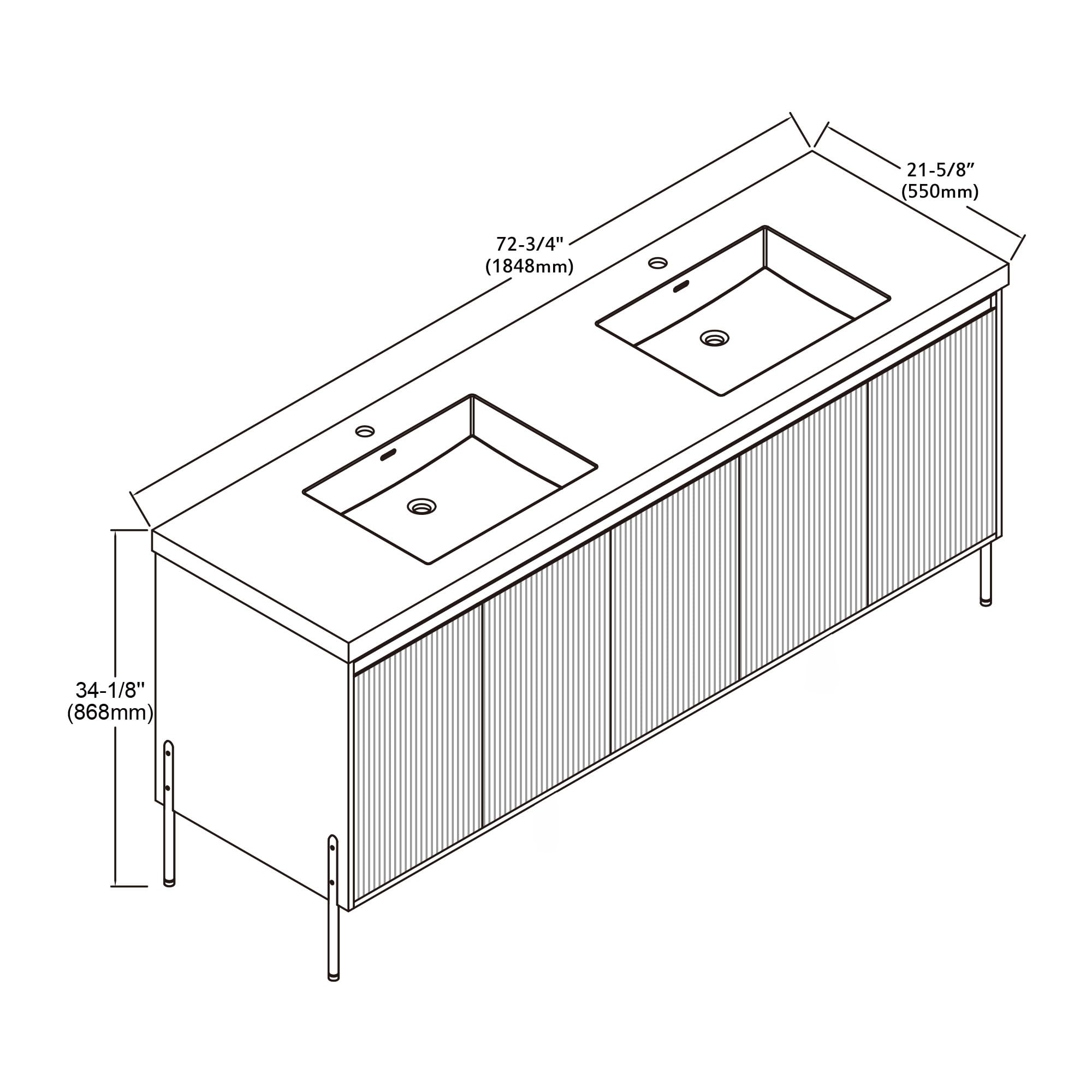 Dowell 72“ Fluted Design Vanity Set – Modern Bathroom Cabinet with Soft-Close Door & Shelf.Glossy White- 002 72 21V/7322BPBL