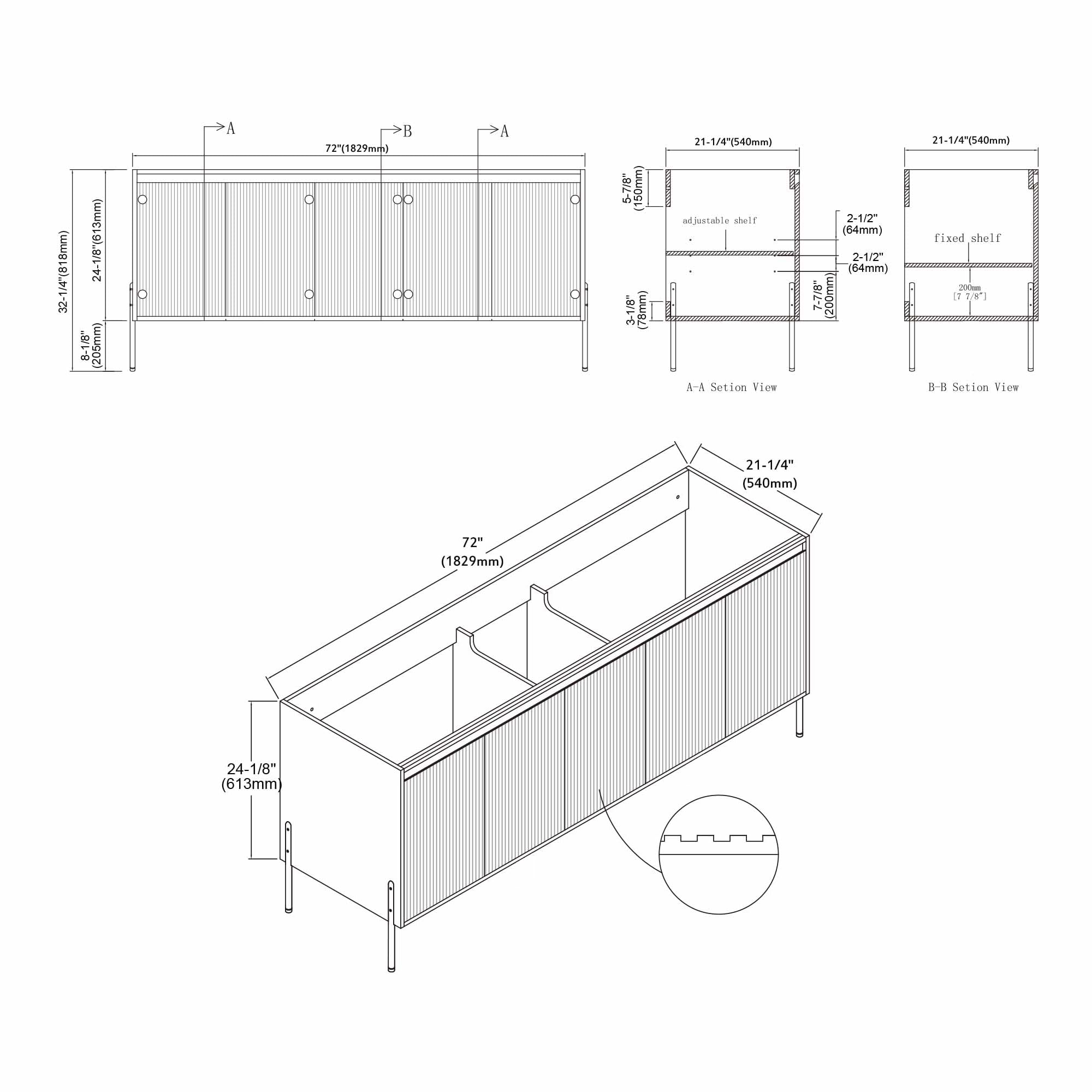Dowell 72“ Fluted Design Vanity Set – Modern Bathroom Cabinet with Soft-Close Door & Shelf.Glossy White- 002 72 21V/7322BPBL
