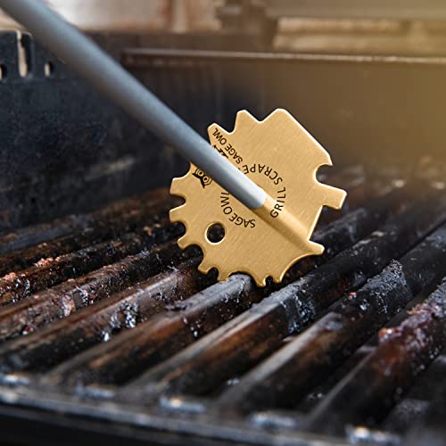 The Sage Owl Grill Scraper Cleaning Tool with Long Handle - for Hot Grates. Brass 5 in 1 Grill Cleaner with a 17" Long Handle, Works with Most Any Design, Brand and Style of Grill