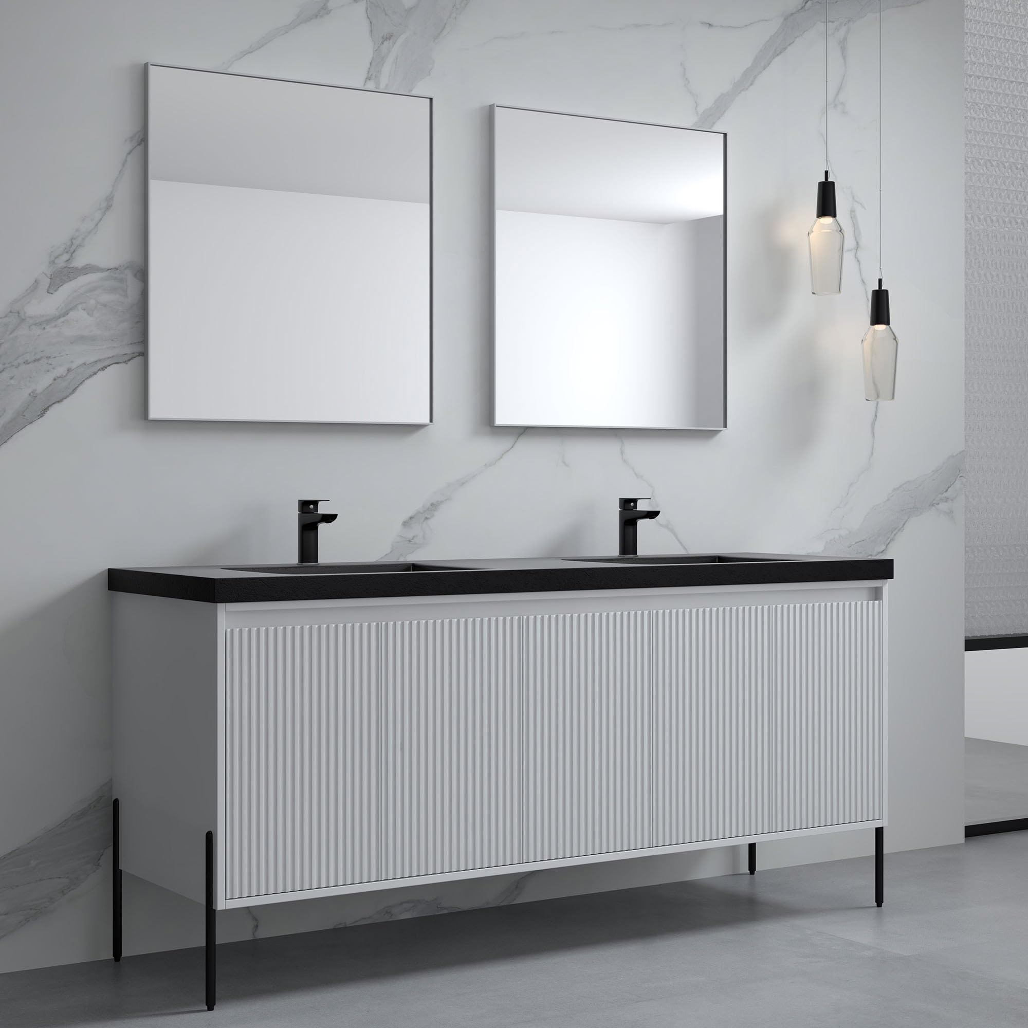 Dowell 72“ Fluted Design Vanity Set – Modern Bathroom Cabinet with Soft-Close Door & Shelf.Glossy White- 002 72 21V/7322BPBL
