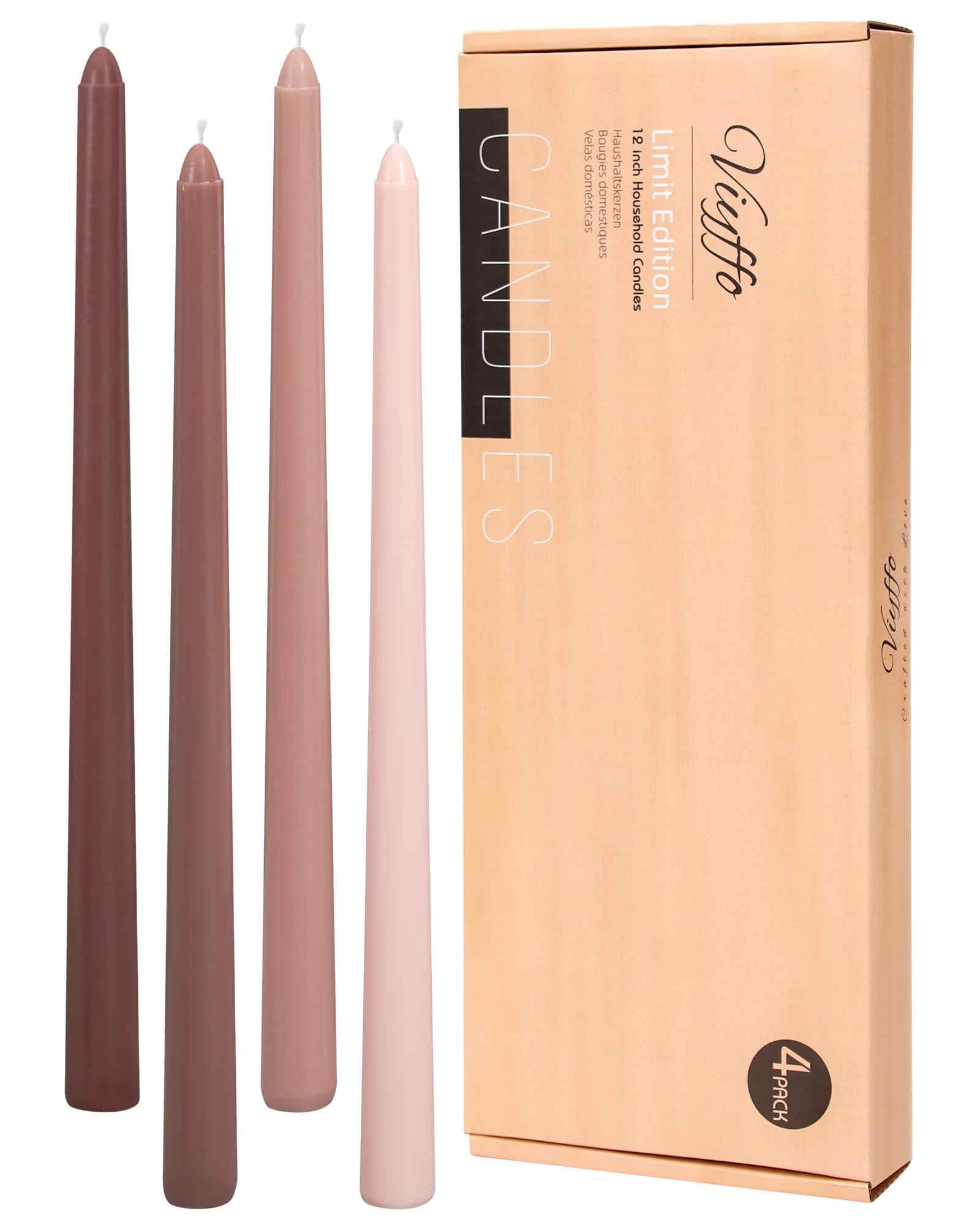 Viyffo 12 Inch Brown Taper Candles Set of 4 Unscented Smokeless Long Tall Tapered Candle for Candlesticks Sticks Wedding Advent Home Decor Dinner Christmas