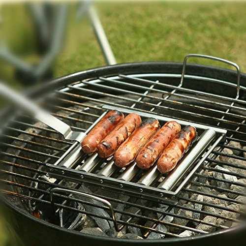 i Kito Charcoal Stainless Steel Hot Dog Sausage Roller Rack Steamer with Extra Long Wood Handle New BBQ Tools 5 Section Brat Griller