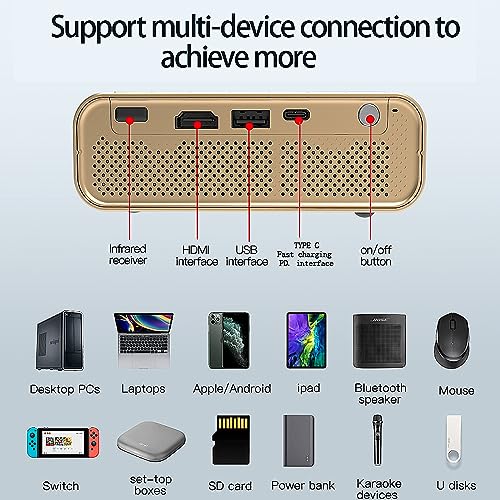 AMOOWA Mini Projector with WIFI and Bluetooth for iphone , 200ANSI DLP Mini Pocket Pico Projector - Built in Rechargeable Battery & Speaker, 1080P Support Portable Wireless LED DLP Movie & Video Gold