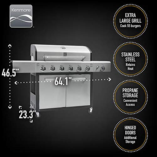 Kenmore PG-A40611S0L 6 Burner Cabinet Style Propane Gas BBQ Grill with Side Burner, 73000 Total BTU, Stainless Steel