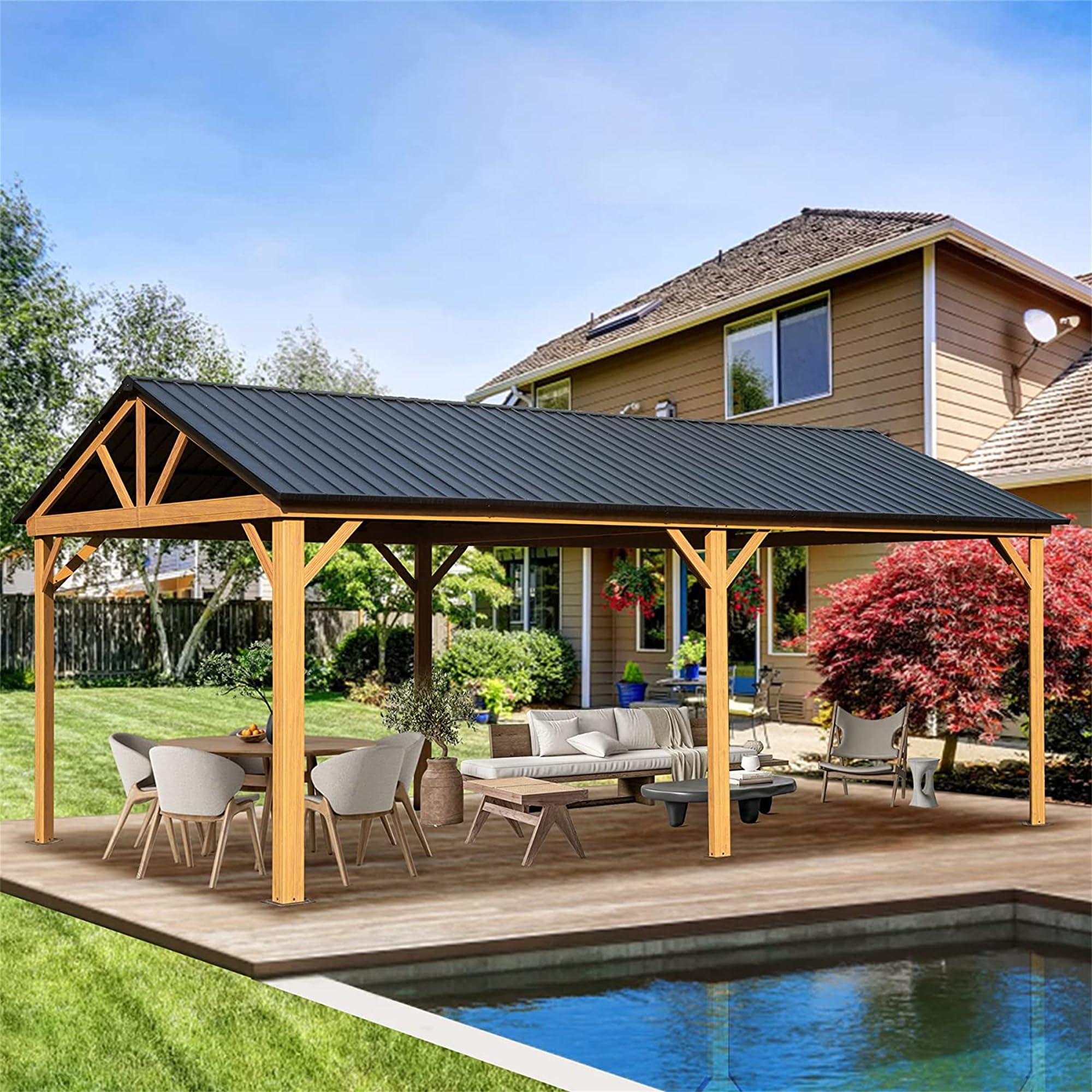 Evedy 12' x20' Wood Hardtop Gazebo, Solid Wood Hardtop Pavilion, Galvanized Steel Gable Roof Gazebo Pergola with Wood Grain Aluminum Frame, for Patio, Lawn, Garden, Easy Installation