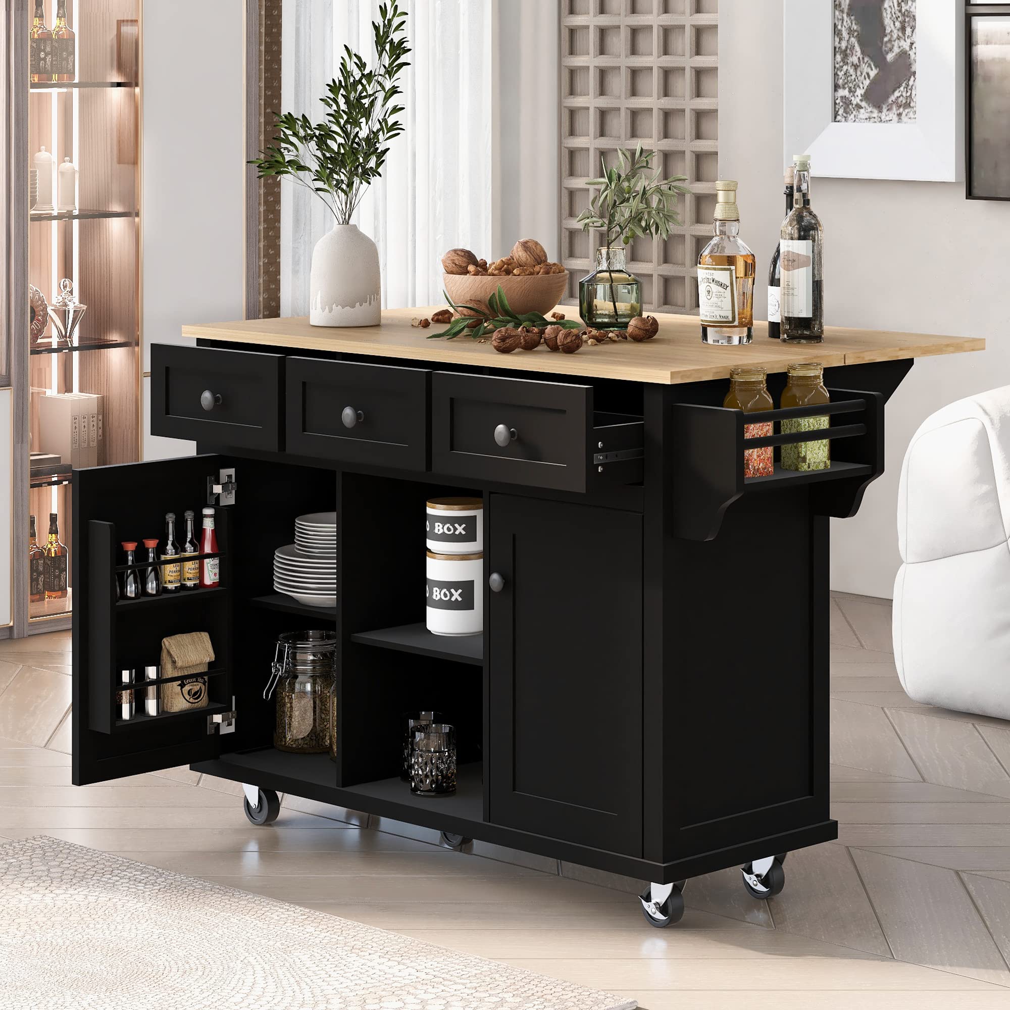 Kitchen Island Cart with Wood Drop-Leaf Top and 3 Drawers, Rolling Mobile Kitchen Island on 5 Wheels with Storage Cabinet, Internal Storage Racks, and Adjustable Shelves, 53.1 Inch Width (Black)