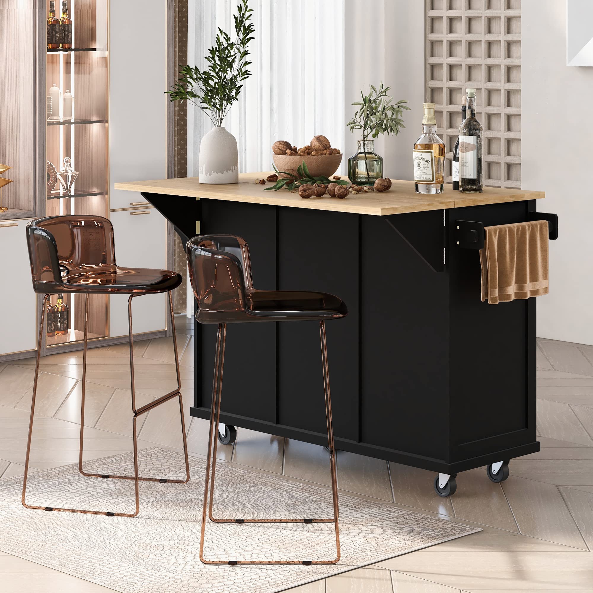 Kitchen Island Cart with Wood Drop-Leaf Top and 3 Drawers, Rolling Mobile Kitchen Island on 5 Wheels with Storage Cabinet, Internal Storage Racks, and Adjustable Shelves, 53.1 Inch Width (Black)