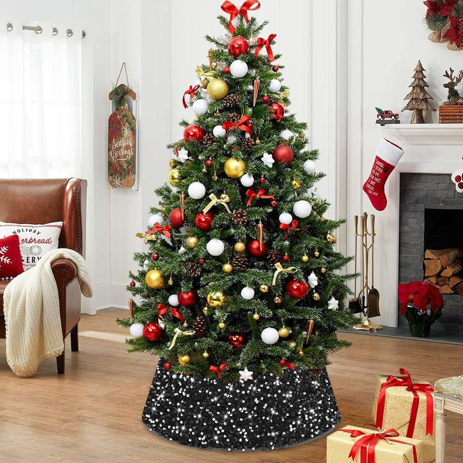 FOTSHARER Black Christmas Tree Collar 23.6 Inches Velvet Christmas Tree Skirt Metal Tree Collar Sequin Christmas Tree Ring Collar for Artificial Trees Rustic Tree Base Box for Xmas Home Ornaments