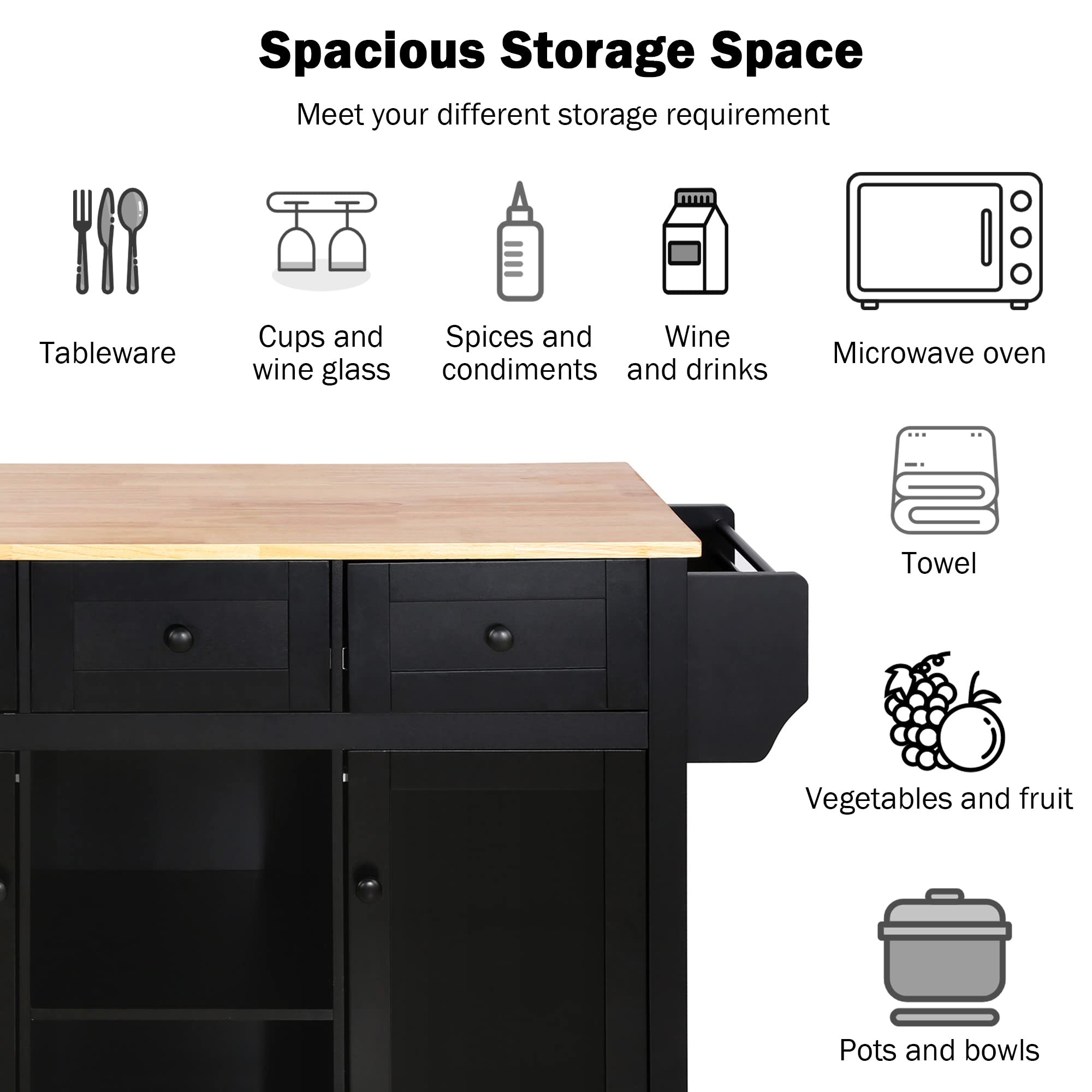 Kitchen Island Cart with Wood Drop-Leaf Top and 3 Drawers, Rolling Mobile Kitchen Island on 5 Wheels with Storage Cabinet, Internal Storage Racks, and Adjustable Shelves, 53.1 Inch Width (Black)