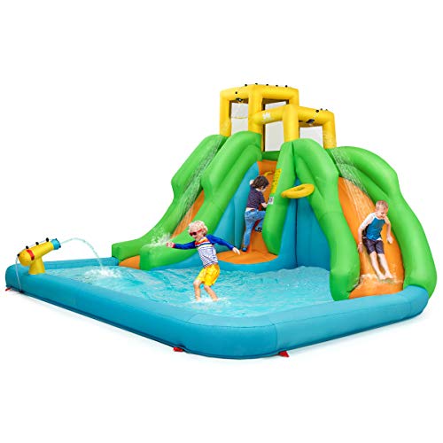 HONEY JOY Inflatable Water Slide, 6 in 1 Kids Bouncer Water Park w/Climbing Wall & 2 Long Slides, Splash Pool, Water Cannons, Indoor Outdoor Blow Up Water Slides for Backyard(Without Blower)