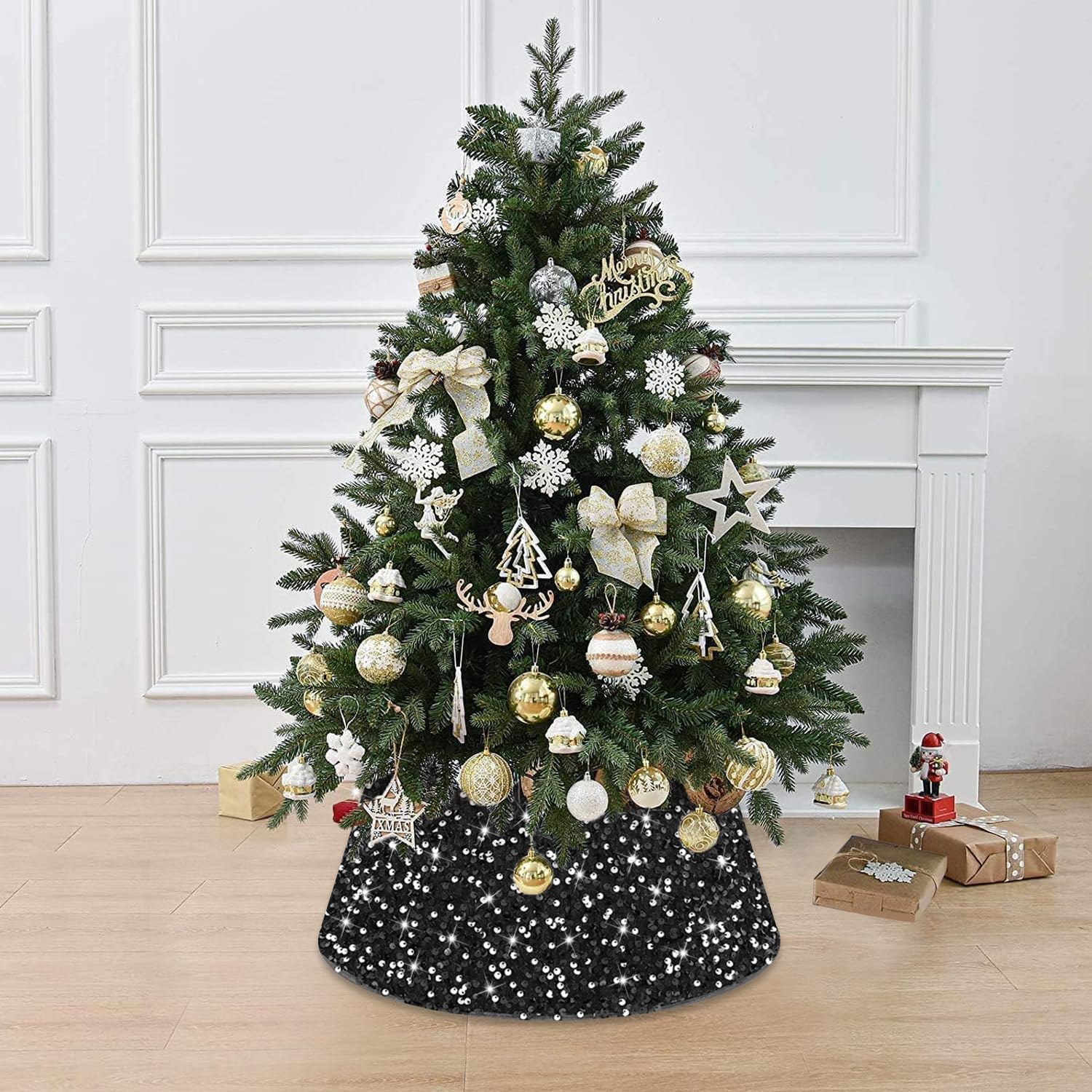 FOTSHARER Black Christmas Tree Collar 23.6 Inches Velvet Christmas Tree Skirt Metal Tree Collar Sequin Christmas Tree Ring Collar for Artificial Trees Rustic Tree Base Box for Xmas Home Ornaments