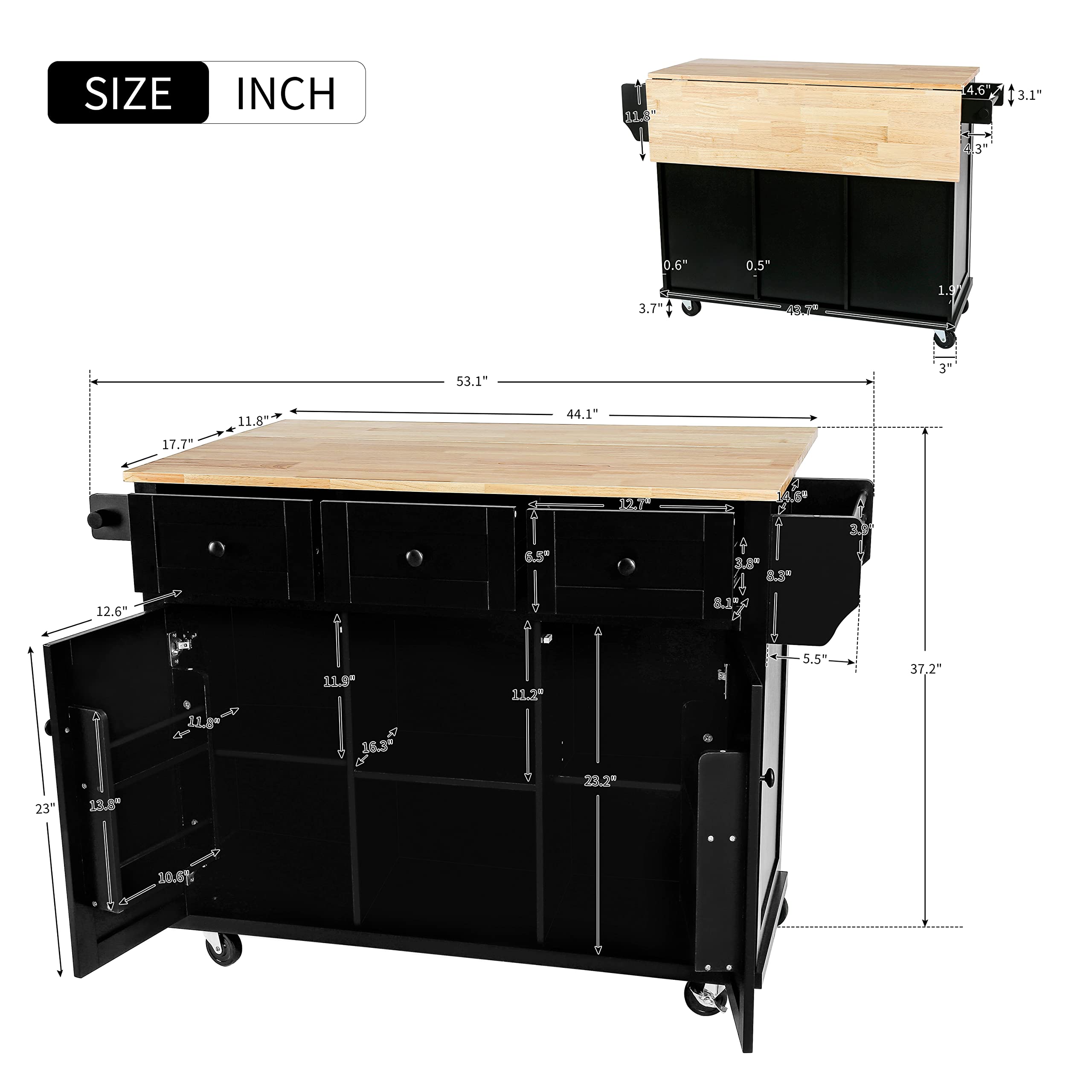 Kitchen Island Cart with Wood Drop-Leaf Top and 3 Drawers, Rolling Mobile Kitchen Island on 5 Wheels with Storage Cabinet, Internal Storage Racks, and Adjustable Shelves, 53.1 Inch Width (Black)