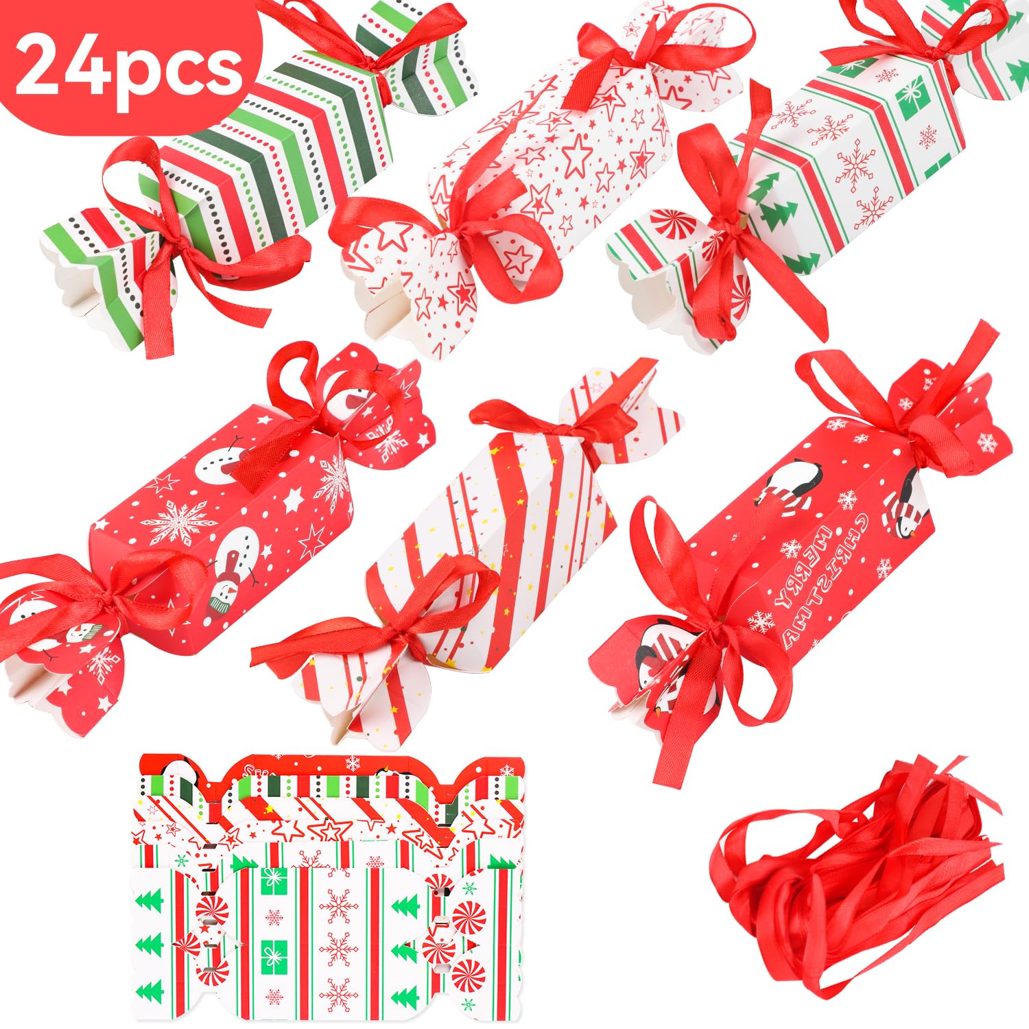 STEFORD Christmas Candy Paper Gift Boxes, 24PCS Christmas Candy Gift Treat Bags with Red Ribbon for Xmas Party Supplies