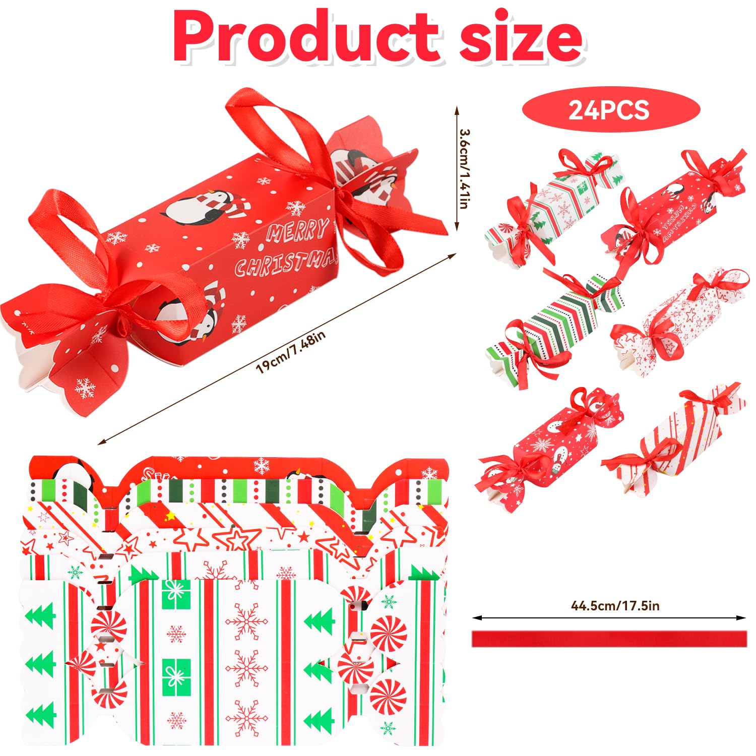 STEFORD Christmas Candy Paper Gift Boxes, 24PCS Christmas Candy Gift Treat Bags with Red Ribbon for Xmas Party Supplies