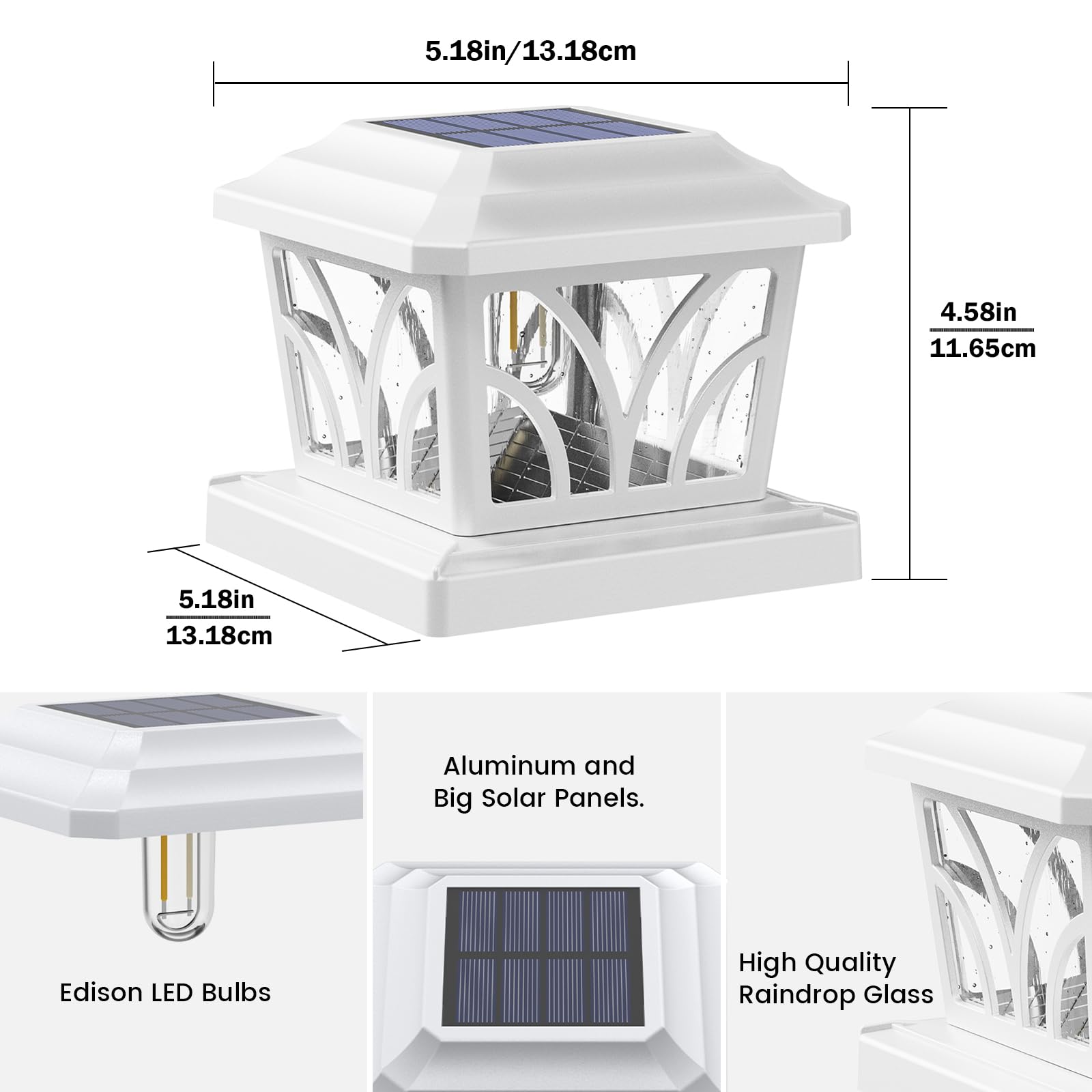 SIEDiNLAR Solar Post Cap Lights Outdoor, Aluminum Glass 2 Modes Edison LED Bulbs for 4x4 5x5 6x6 Vinyl Wooden Posts Deck Fence Patio Decor, Warm White/Cool White Lighting 6 Pack (White)