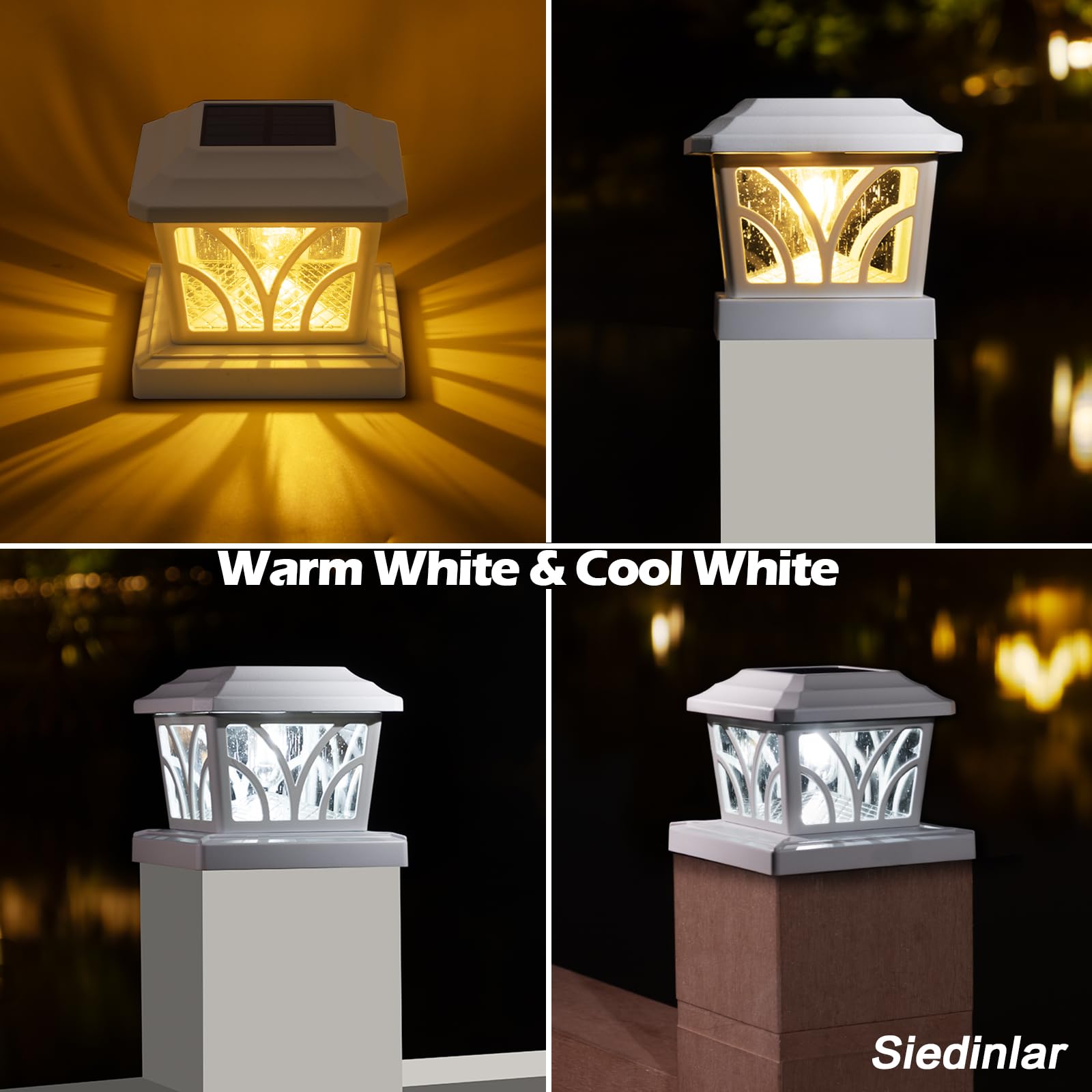 SIEDiNLAR Solar Post Cap Lights Outdoor, Aluminum Glass 2 Modes Edison LED Bulbs for 4x4 5x5 6x6 Vinyl Wooden Posts Deck Fence Patio Decor, Warm White/Cool White Lighting 6 Pack (White)