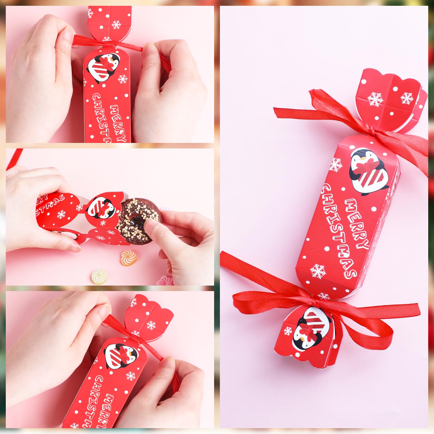 STEFORD Christmas Candy Paper Gift Boxes, 24PCS Christmas Candy Gift Treat Bags with Red Ribbon for Xmas Party Supplies