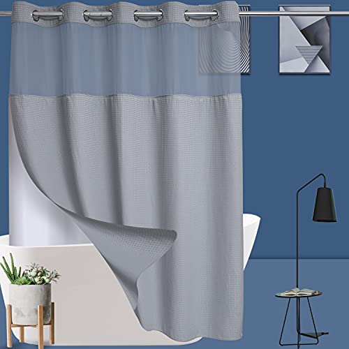 KONZENT Waffle Shower Curtain No Hook Needed Hook Free Shower Curtain Hotel Fabric Shower Curtain Machine Washable with Snap in Removable Liner for Bathroom Bathtubs Spa(Grey,71" (W) X 74" (H))