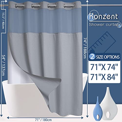 KONZENT Waffle Shower Curtain No Hook Needed Hook Free Shower Curtain Hotel Fabric Shower Curtain Machine Washable with Snap in Removable Liner for Bathroom Bathtubs Spa(Grey,71" (W) X 74" (H))