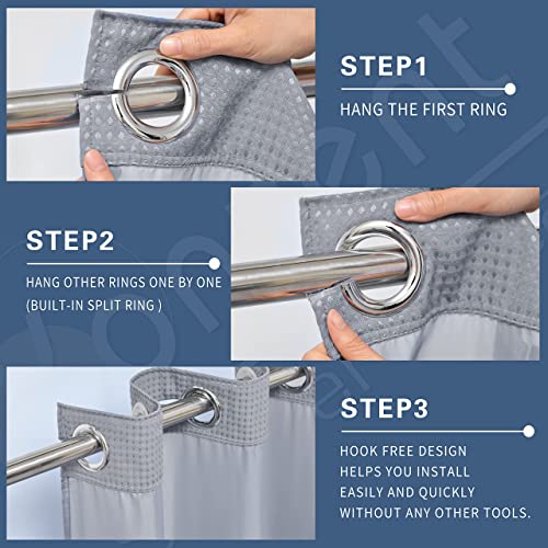 KONZENT Waffle Shower Curtain No Hook Needed Hook Free Shower Curtain Hotel Fabric Shower Curtain Machine Washable with Snap in Removable Liner for Bathroom Bathtubs Spa(Grey,71" (W) X 74" (H))