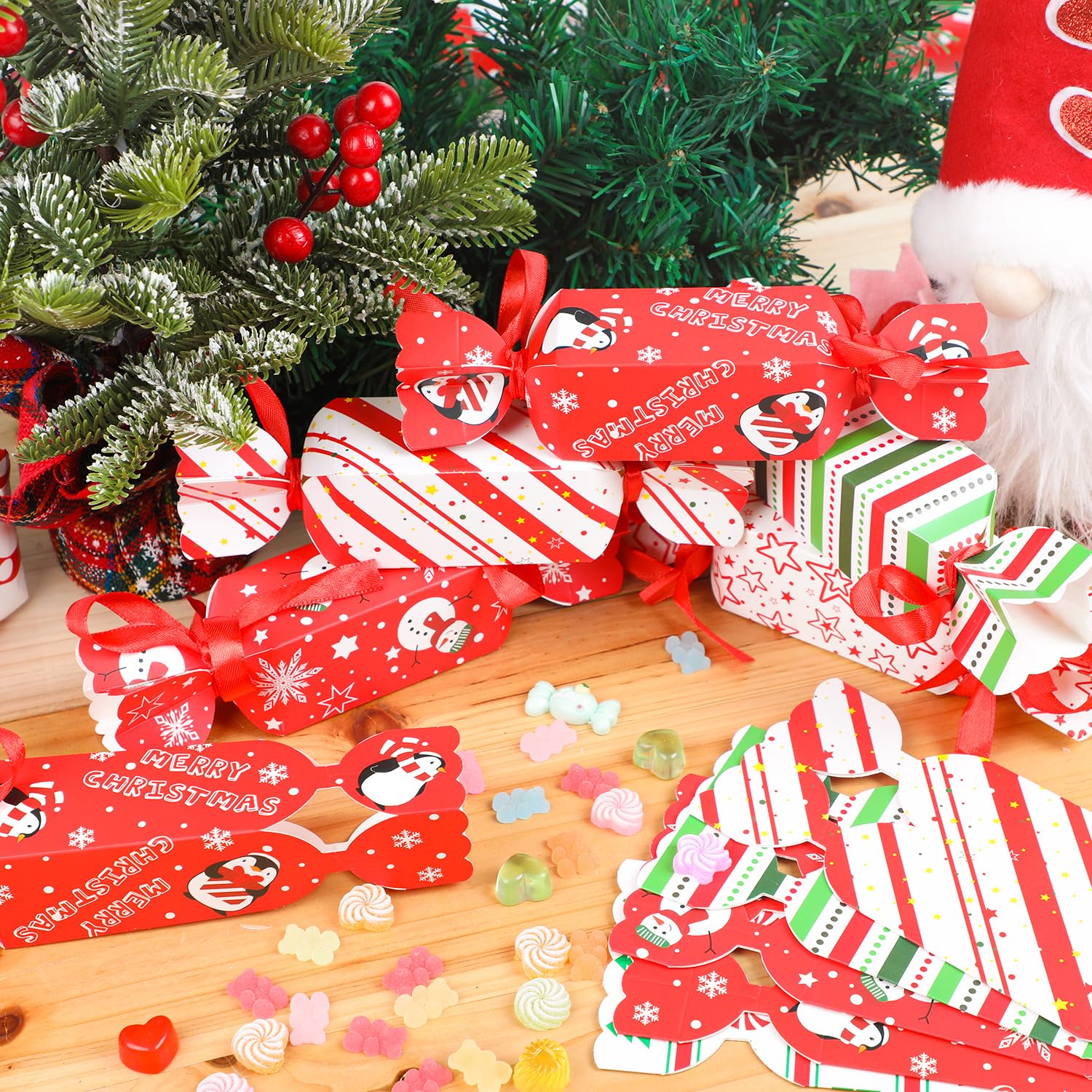 STEFORD Christmas Candy Paper Gift Boxes, 24PCS Christmas Candy Gift Treat Bags with Red Ribbon for Xmas Party Supplies