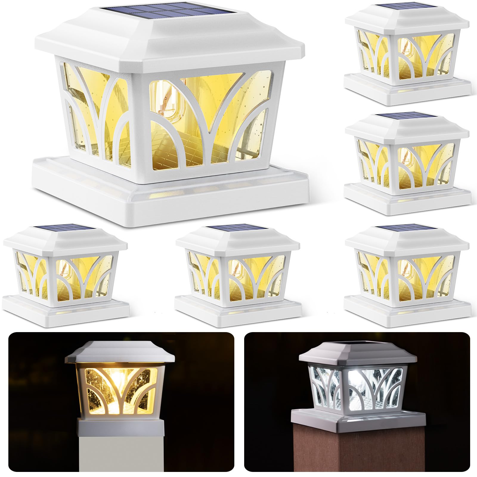 SIEDiNLAR Solar Post Cap Lights Outdoor, Aluminum Glass 2 Modes Edison LED Bulbs for 4x4 5x5 6x6 Vinyl Wooden Posts Deck Fence Patio Decor, Warm White/Cool White Lighting 6 Pack (White)