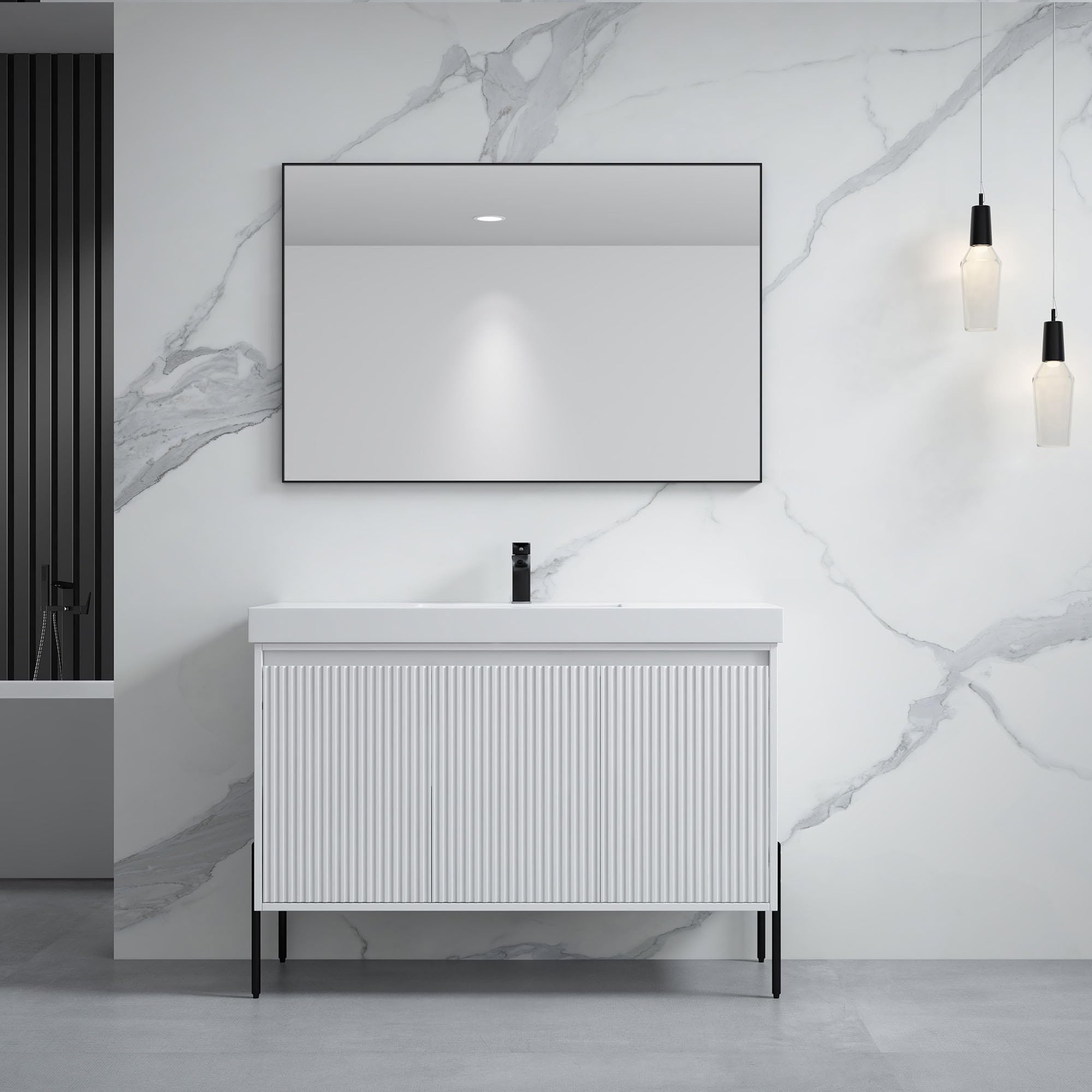 Dowell 48" Fluted Design Vanity Set – Modern Glossy White Bathroom Cabinet with Soft-Close Doors & Shelves, Single Resin Basin, and Black Legs | 002 48 21KD/4818BPS