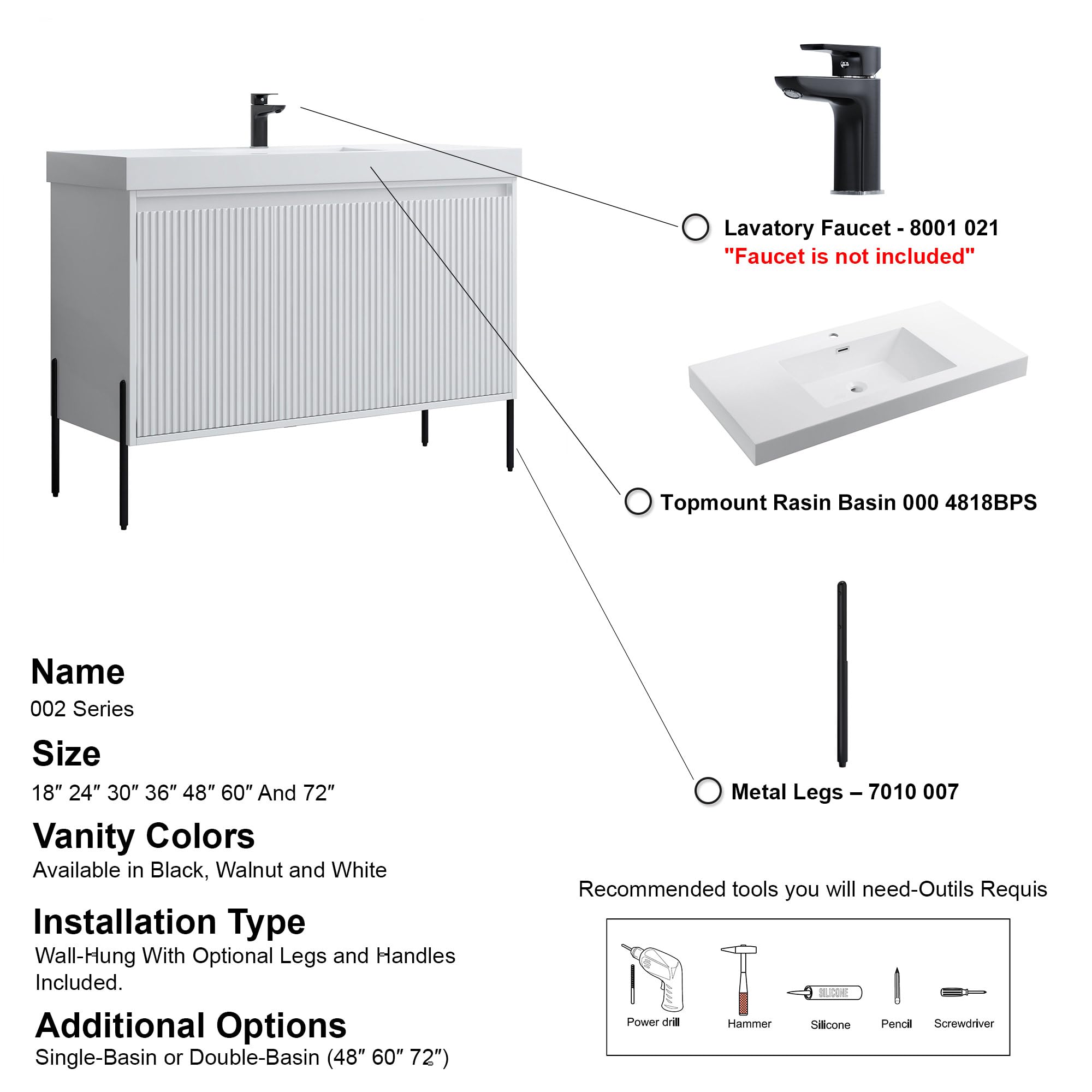 Dowell 48" Fluted Design Vanity Set – Modern Glossy White Bathroom Cabinet with Soft-Close Doors & Shelves, Single Resin Basin, and Black Legs | 002 48 21KD/4818BPS