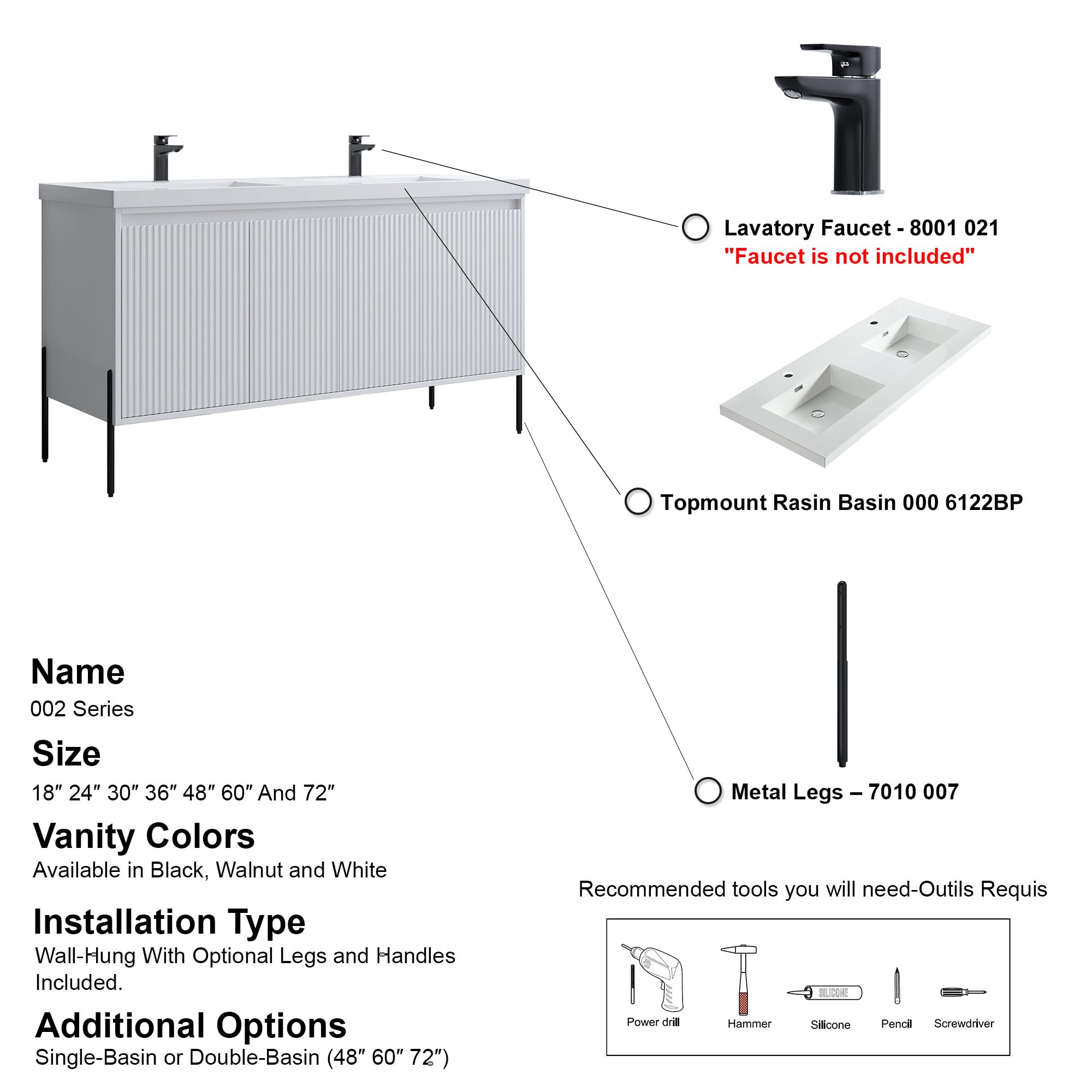 Dowell 60“ Fluted Design Vanity Set – Modern Bathroom Cabinet with Soft-Close Door & Shelf.Glossy White- 0026021V/6122BP