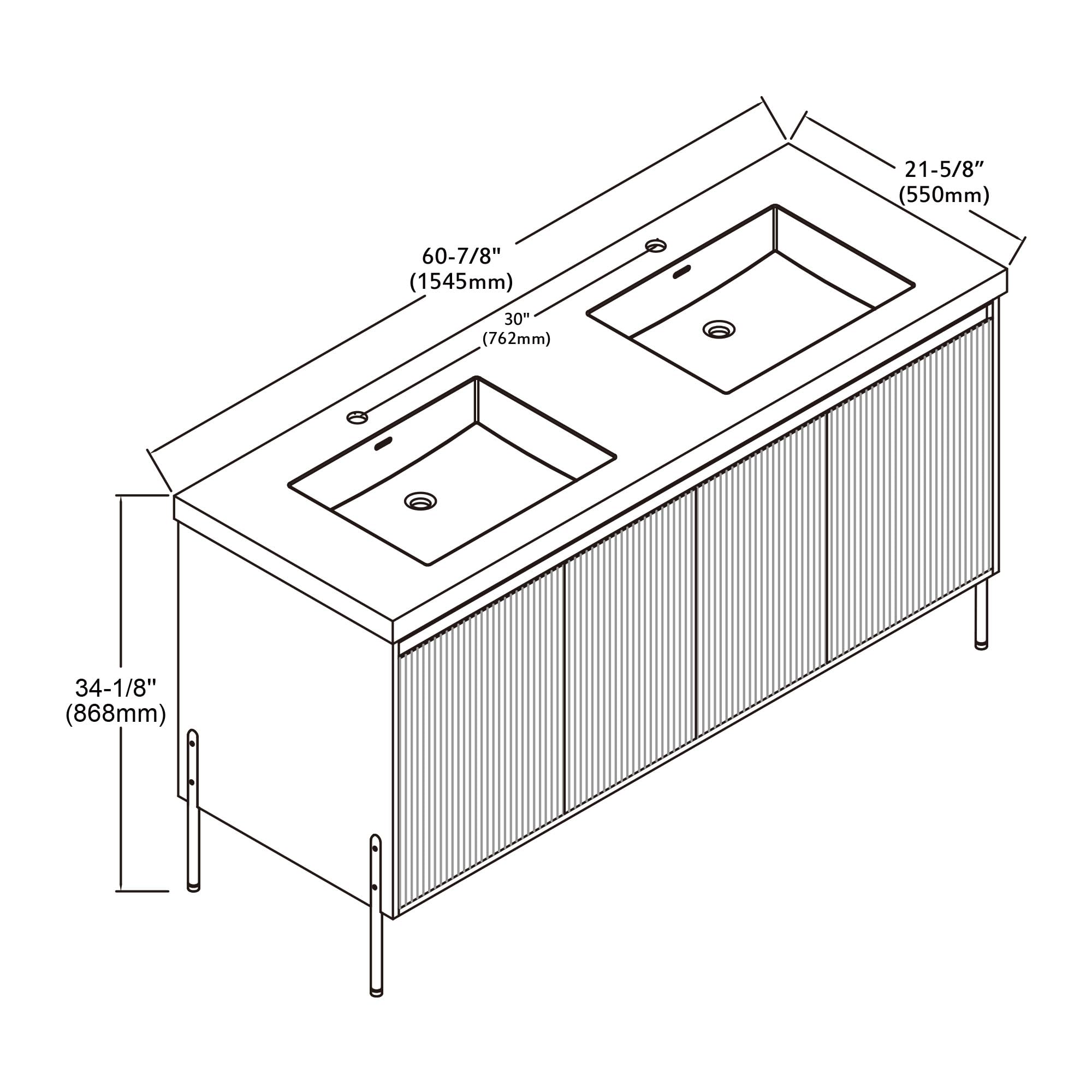 Dowell 60“ Fluted Design Vanity Set – Modern Bathroom Cabinet with Soft-Close Door & Shelf.Glossy White- 0026021V/6122BP