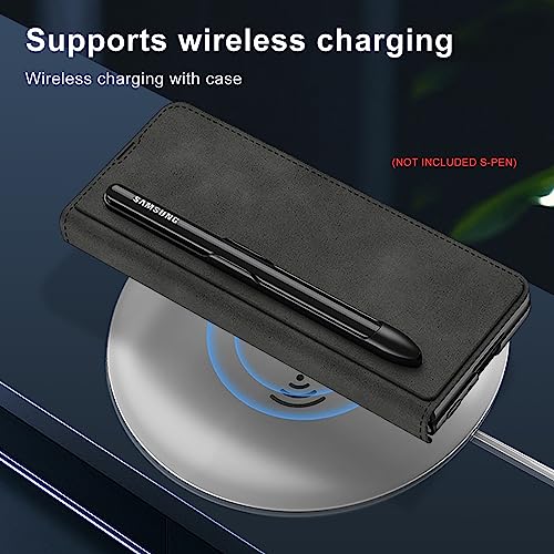 DEMCERT for Samsung Galaxy Z Fold 5 with [Fold4 Edition Pen Slot],Military Armor Full Body Protective Anti-Scratch Hard Leather Bracket Case with Screen Protector Wireless Charger (Black)