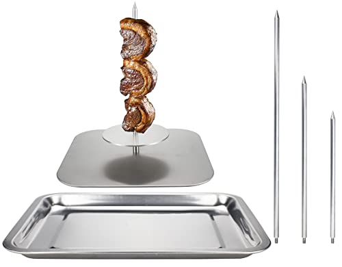 Stainless Steel Vertical Skewer for Barbecue Grill, For Tacos Al Pastor, Shawarma, Brazilian Churrasco, Removable Grilling Rack Meat Spit (With Bakeware)