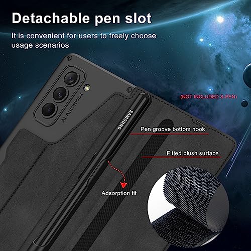 DEMCERT for Samsung Galaxy Z Fold 5 with [Fold4 Edition Pen Slot],Military Armor Full Body Protective Anti-Scratch Hard Leather Bracket Case with Screen Protector Wireless Charger (Black)
