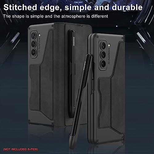 DEMCERT for Samsung Galaxy Z Fold 5 with [Fold4 Edition Pen Slot],Military Armor Full Body Protective Anti-Scratch Hard Leather Bracket Case with Screen Protector Wireless Charger (Black)