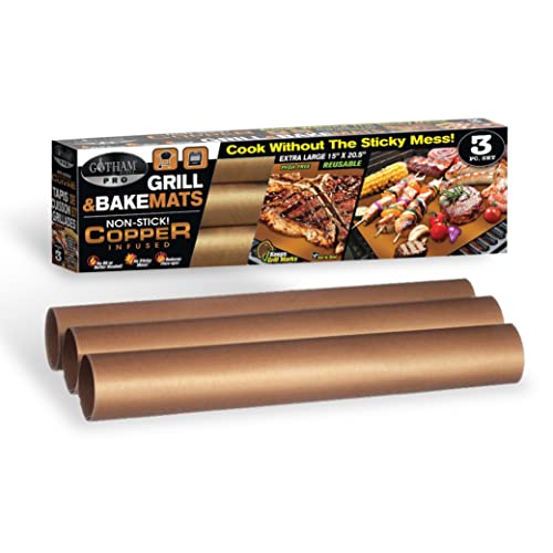Gotham Steel Copper Grill Mats for Outdoor Grill Nonstick, Reusable BBQ Grill Mat and BBQ Mat for Grilling for Easy Cleanup, Food Safe and Easy to Use, Works on Coal and Gas Grill – 3 pack