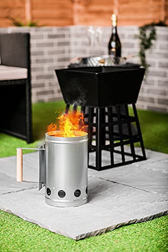 LIVIVO Banquet Charcoal Chimney Starter With Wooden Safety Handle - Quick Start Barbecue Lightning Kit Camping Grilling BBQ - Galvanised Iron Sheet Finish - Heavy Duty
