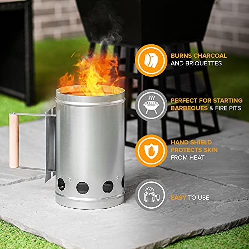 LIVIVO Banquet Charcoal Chimney Starter With Wooden Safety Handle - Quick Start Barbecue Lightning Kit Camping Grilling BBQ - Galvanised Iron Sheet Finish - Heavy Duty