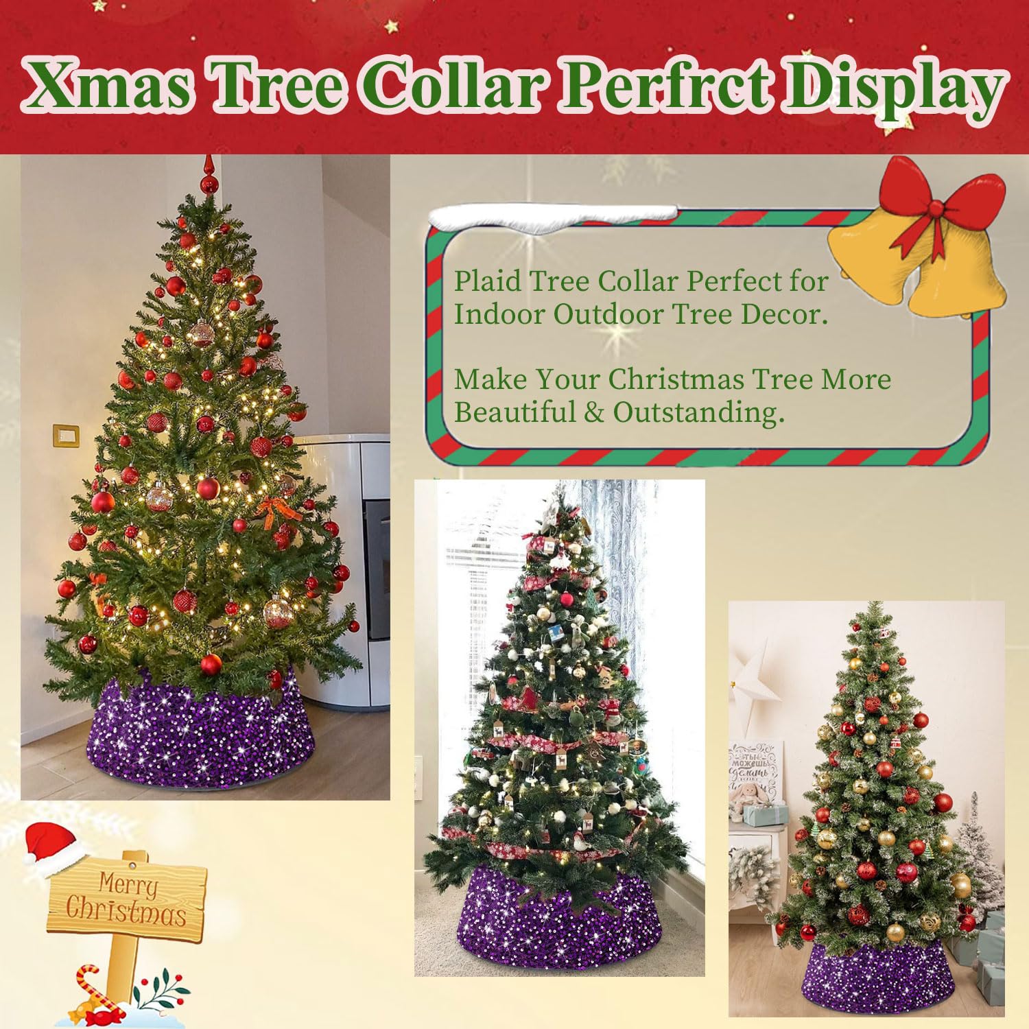 MODFUNS Christmas Tree Collars Purple Sequin Xmas Tree Ring 24 Inch Velvet Sparkling Christmas Tree Base Glitter Tree Skirts for Xmas Trees Shiny Tree Collar Cover for Christmas Party Home Decoration