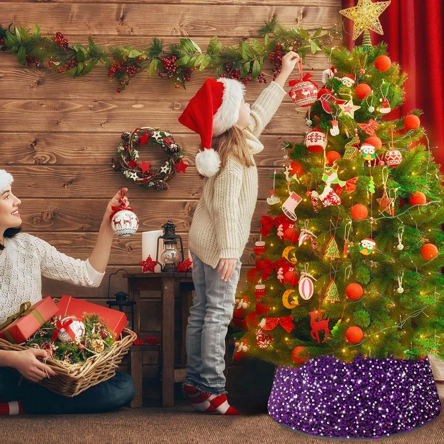 MODFUNS Christmas Tree Collars Purple Sequin Xmas Tree Ring 24 Inch Velvet Sparkling Christmas Tree Base Glitter Tree Skirts for Xmas Trees Shiny Tree Collar Cover for Christmas Party Home Decoration