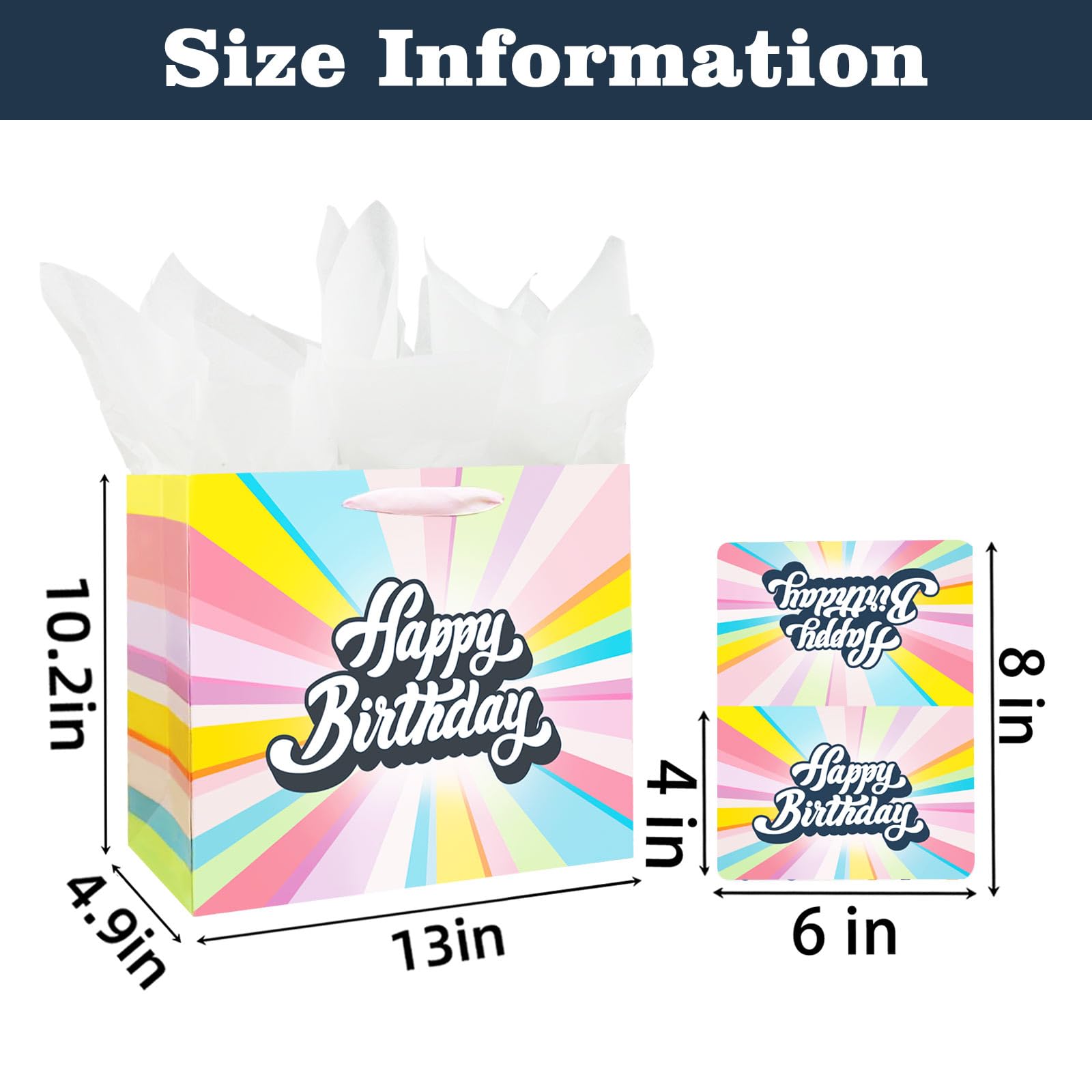 13" Large Happy Birthday Gift Bag with Handles, Tissue Paper and Card (Colorful Rainbow)