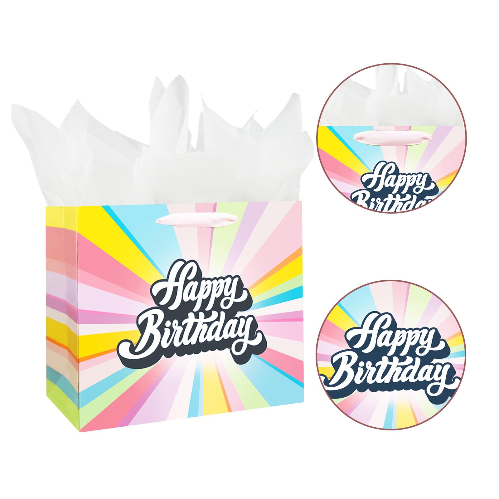 13" Large Happy Birthday Gift Bag with Handles, Tissue Paper and Card (Colorful Rainbow)